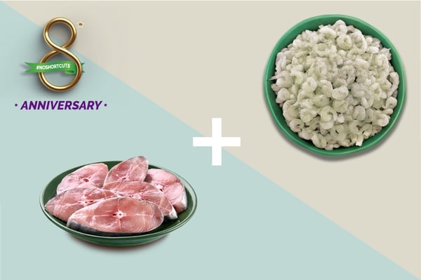 Combo: (Seer Fish/Neymeen (2kg to 5kg) Steaks 400g + Indian Prawns ...