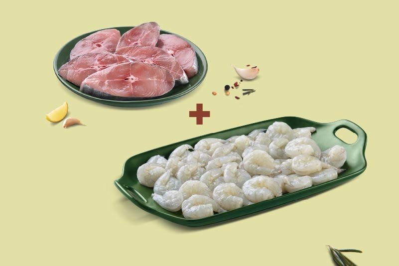 Combo: (Seer Fish/KingFish (2kg to 5kg) Steaks 400g + White Prawns ...