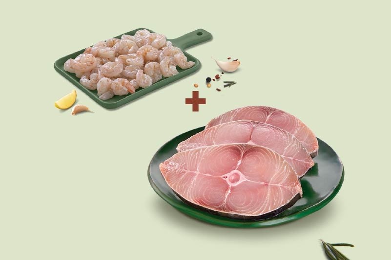 Combo: (Seer Fish/KingFish (2kg to 5kg) Steaks 230g + White Prawns ...
