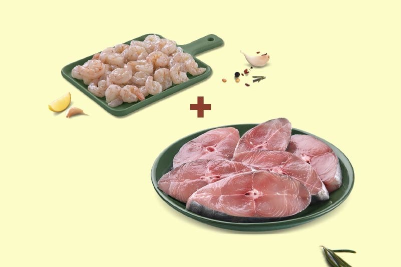 Combo: (Seer Fish/KingFish (2kg to 5kg) Steaks 400g + White Prawns ...