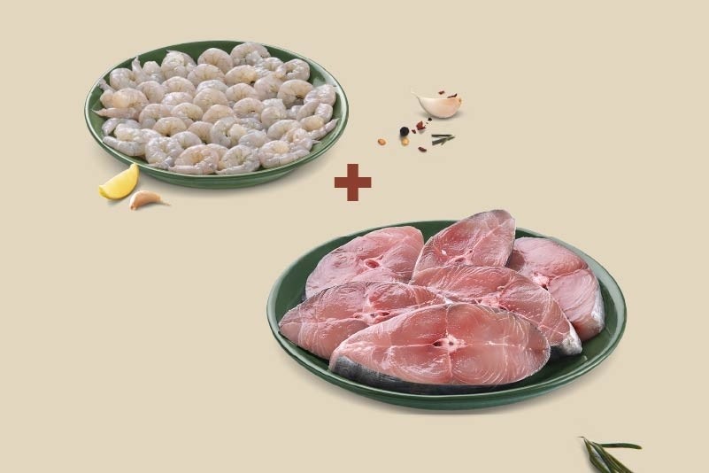 Combo: (Seer Fish/Neymeen (2kg to 5kg) Steaks 400g + Indian Prawns ...