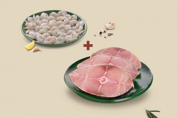 Combo: (Seer Fish/KingFish (2kg to 5kg) Steaks 230g + Indian Prawns ...